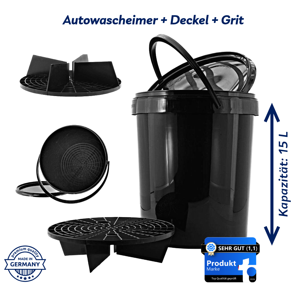 Car wash bucket 15L Black + Cover + Grit guard – Indisaurus